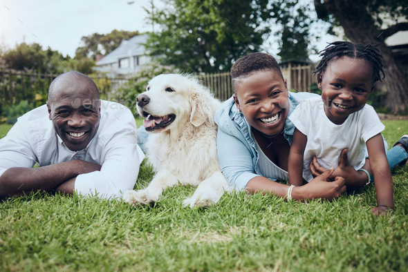 Shot of a having a family having fun at home with their dog Stock Photo ...