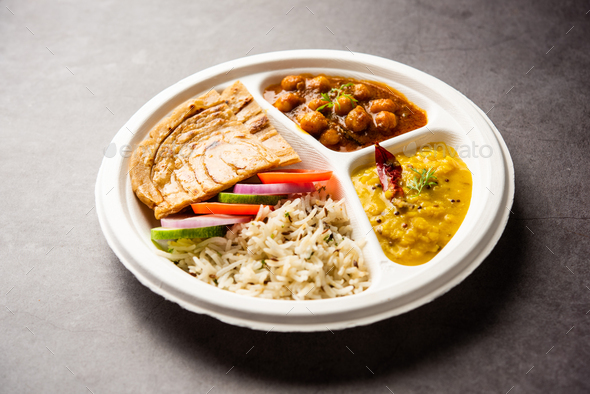 Indian mini meal parcel platter, combo thali with chole Masala, roti ...