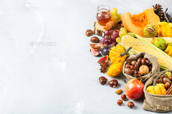 Fall autumn harvest background with pumpkin apple chestnut corn Stock ...