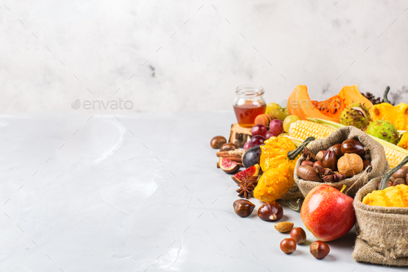 Fall autumn harvest background with pumpkin apple chestnut corn Stock ...