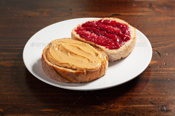 smooth peanut butter and jam bread toast, american traditional sandwich ...