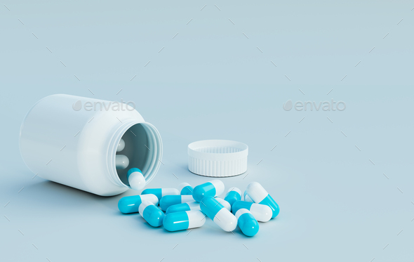 blue and white capsules medication in white container Stock Photo by ...