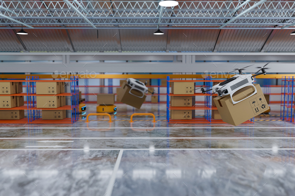 Delivery and transferring robot drone in warehouse Stock Photo by tridsanu