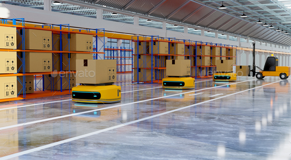 Working transferring robot in factory hall, logistics business and ...