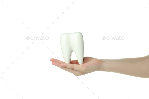 Tooth care concept, female hand holds tooth, isolated on white ...