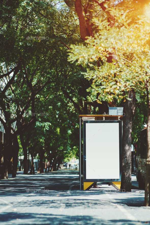 Vertical view of empty advertising placeholder on the bus stop Stock ...