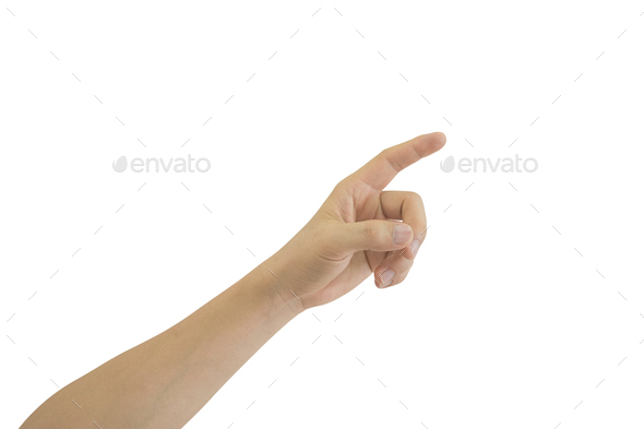 Man's hand pointing at something isolated on white background. Include ...
