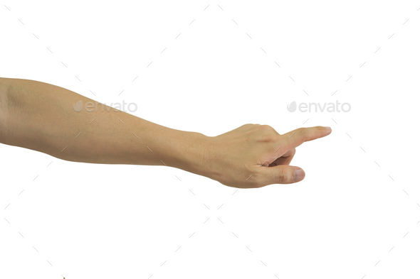 Man's hand pointing at something isolated on white background. Include ...