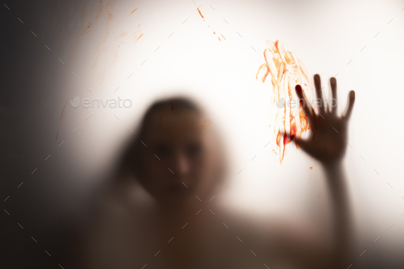 Shadowy figure, child behind glass with blood - horror background Stock ...
