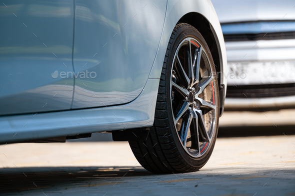 sports car wheels, low profile tires on aluminum rims, closeup Stock ...