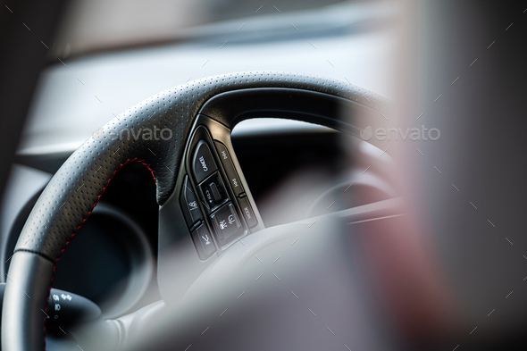 Interior view car with modern steering wheel, dashboard. Closeup ...