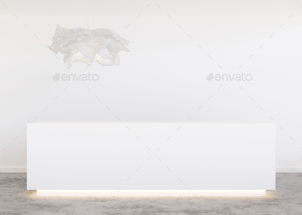 White reception counter in modern room with white walls. Blank ...