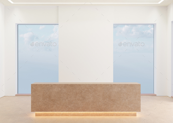 White reception counter in modern room with white walls and panoramic ...