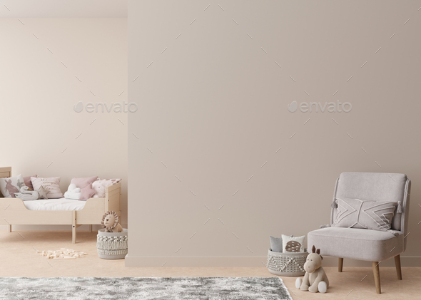 Empty cream wall in modern child room. Mock up interior in scandinavian ...