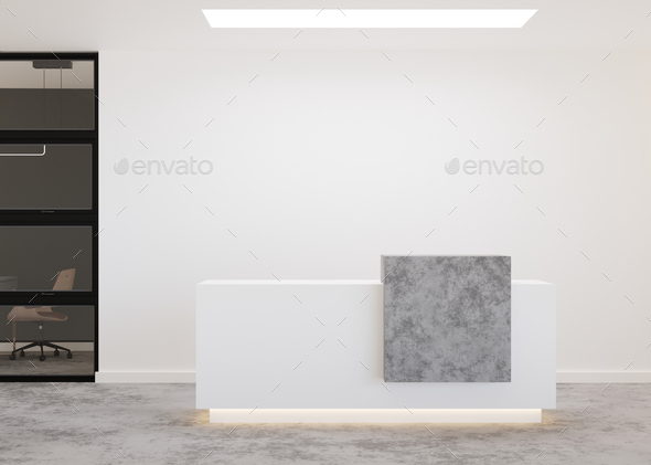 White reception counter in modern room with white walls. Blank ...