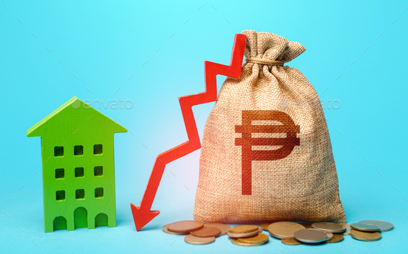 Philippine peso money bag with red arrow down and green house. Stock ...