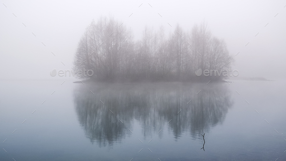 Thick fog over the lake, bare trees silhouettes on island reflected in ...