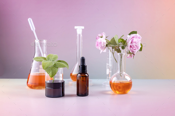 bottles for cosmetics, laboratory beakers, rosehip flower and mint ...
