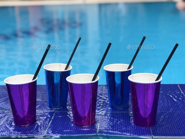 Beach background with many cocktails cups near swimming pool,Albania ...