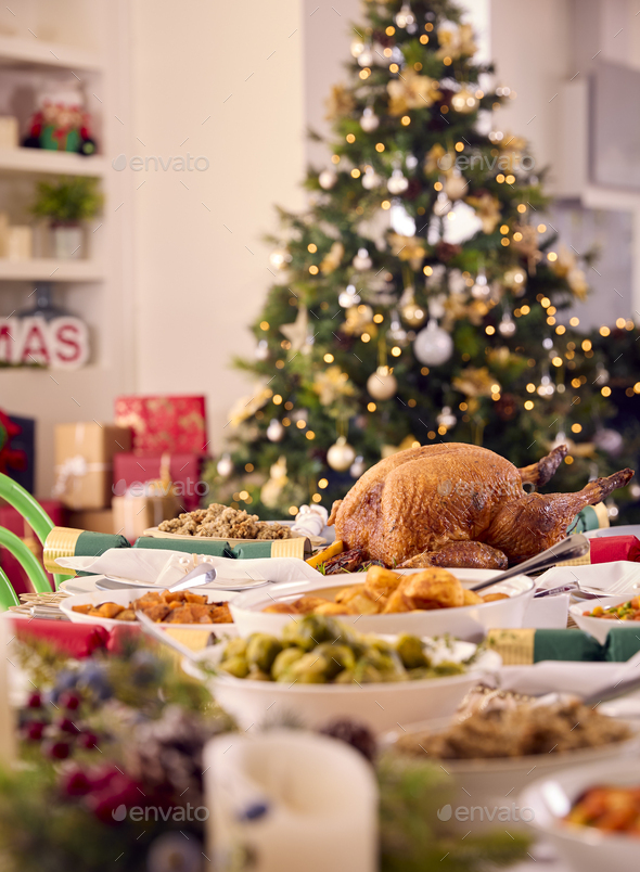 Table At Home Set For Christmas Lunch With Roast Turkey And Vegetables ...