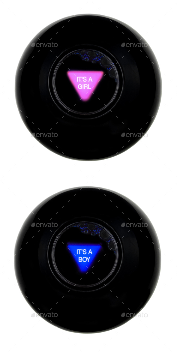 Two magic eight balls with predictions It's a Girl and blue It's a Boy ...