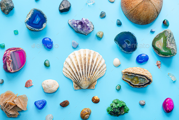 Sea shells and natural stones laid out in a beautiful pattern. Stock ...