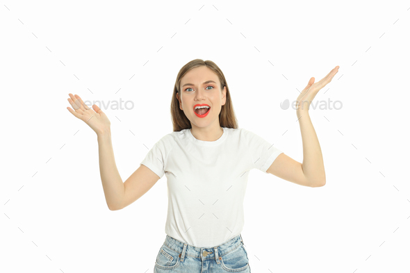 Concept of people, young woman isolated on white background Stock Photo ...