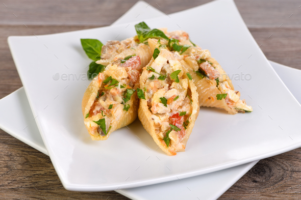 Pasta conchiglioni with chicken and vegetables Stock Photo by Apolonia