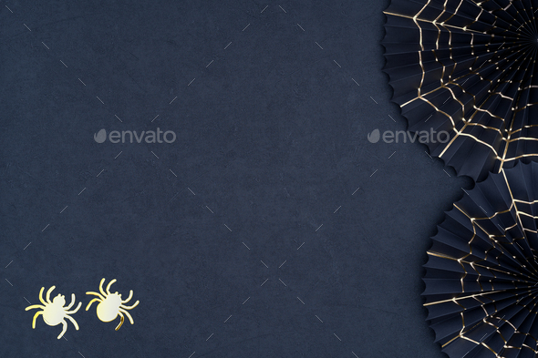 Two Black paper fans with golden cobwebs and golden glittering spiders ...