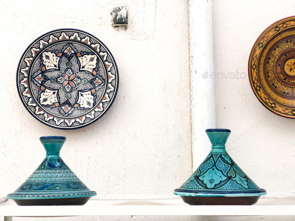 Moroccan pottery in Medina of Essaouira.Colorful tagine plates Stock ...