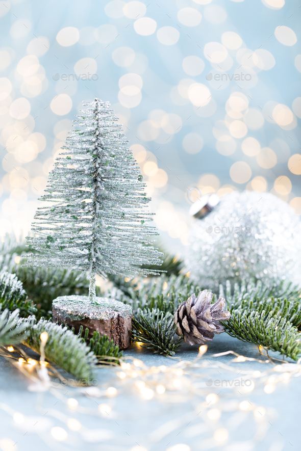 Christmas spruce with tree and blurred shiny lights. Stock Photo by ...