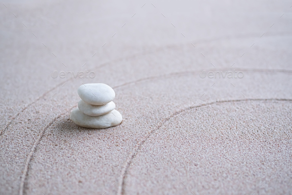 Japanese Zen Garden with Pebble with Line on Sand Stock Photo by wing-wing