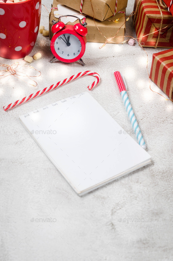 Flat lay composition with diary book for writing down New Year's plans ...