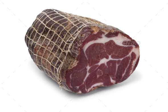 Piece of traditional Croatian dried pork neck, pork collar bacon, on ...