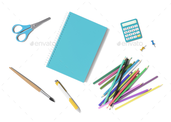 School stationery items isolated on white background. School supplies ...