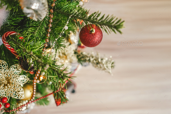 Beautiful decorated Christmas tree top view. Stock Photo by maksimovata