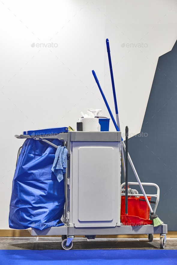Professional cleaning trolley set with tools and utensils. Hygiene ...