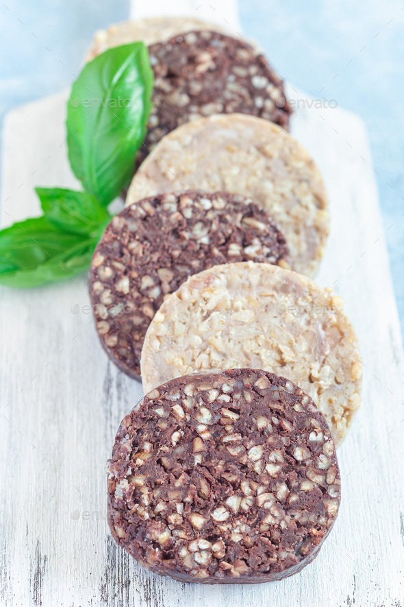 Traditional Irish and British black pudding and white or oatmeal ...