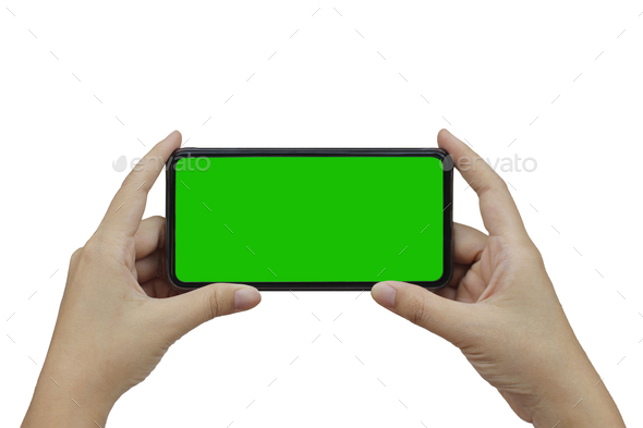 hand holding phone mobile green screen isolated on white background ...