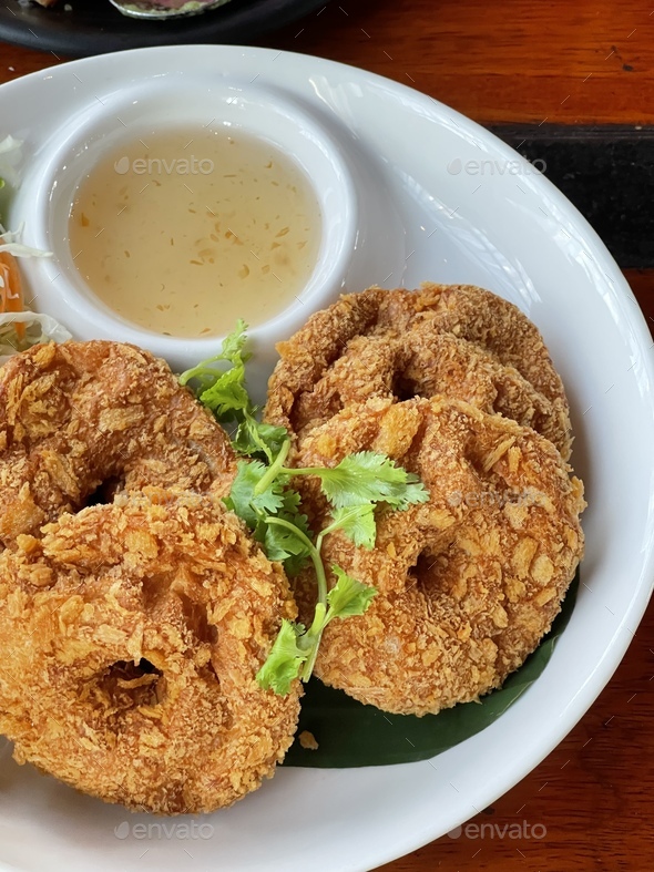 "Tod man kung" Fried shrimp cake Thai styles appitizer. Stock Photo by ...