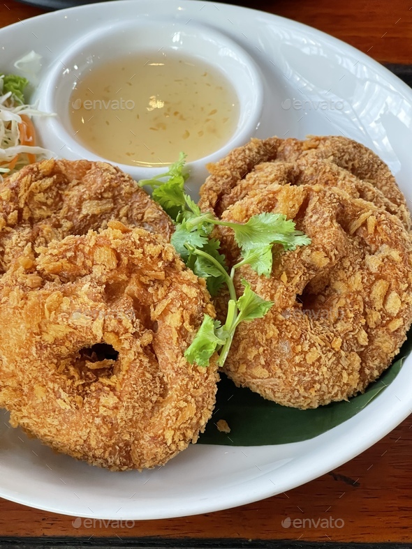 "Tod man kung" Fried shrimp cake Thai styles appitizer. Stock Photo by ...