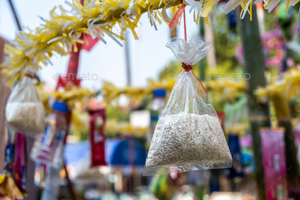 Thai Lanna traditional rice offering to the holy spirit on the Buddhist ...