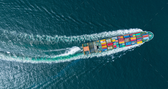 cargo container ship top view carrying container and running for export ...