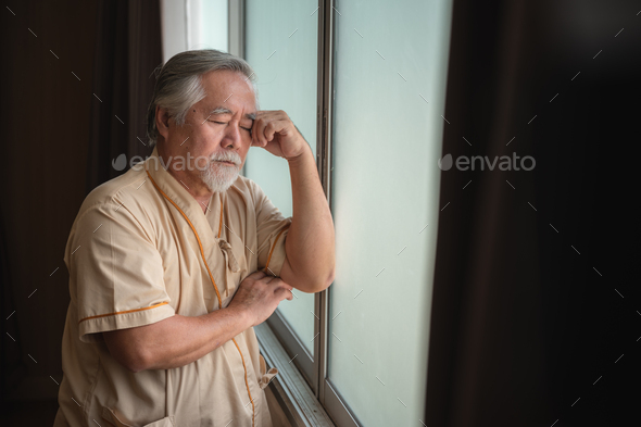 senior elderly male patient have a depression disease and retirement ...