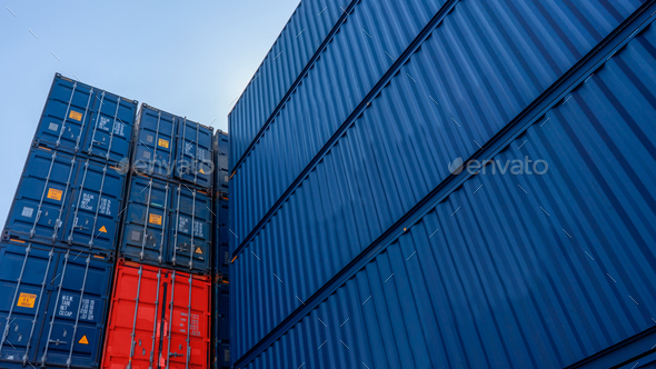 Stack of blue containers box,Cargo freight ship for import export ...