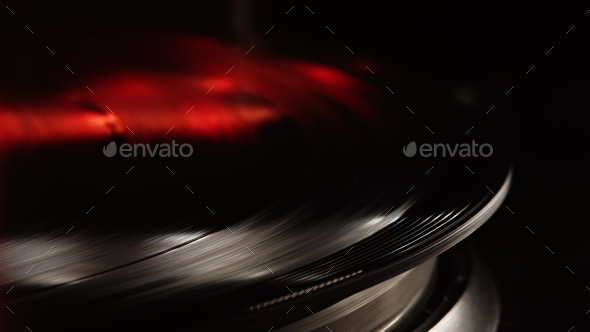 Retro-styled spinning record vinyl player. Close up. Rotating vintage ...