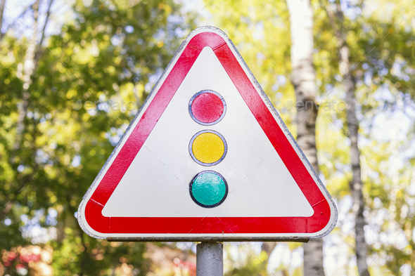 Traffic Light Sign selective focus.UK traffic light warning sign on ...