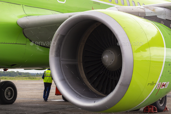 close-up of aircraft engine. green airplane turbine detail. Plane ...