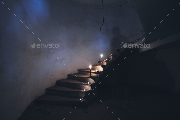 Scary ghost woman in haunted house with rope with a noose Stock Photo ...