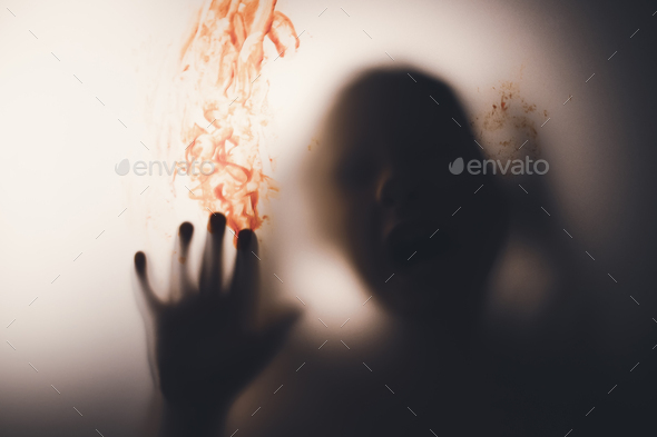 Shadowy figure, child behind glass with blood - horror background Stock ...